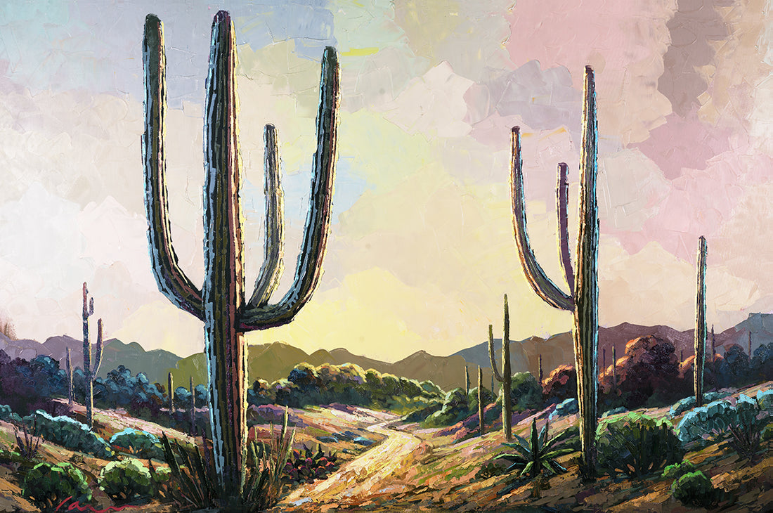 Saguaro Cactus Landscape Painting With Muted Sunset